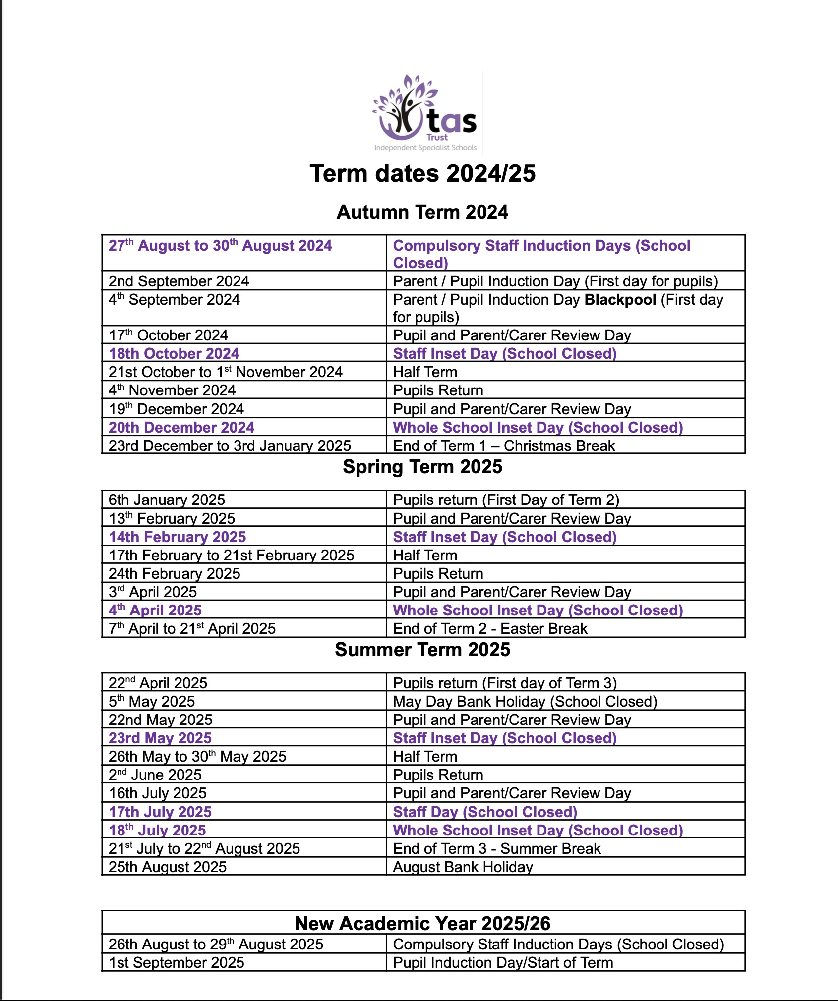 Term Dates - The Alternative School Group